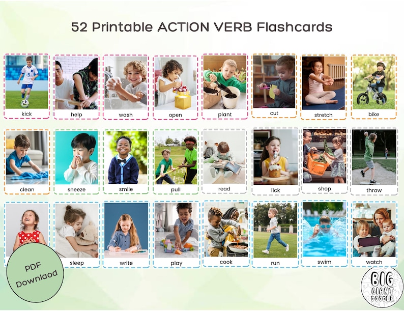 Montessori ACTION VERB Flashcards, Verb Flashcards for Kids, Printable ...