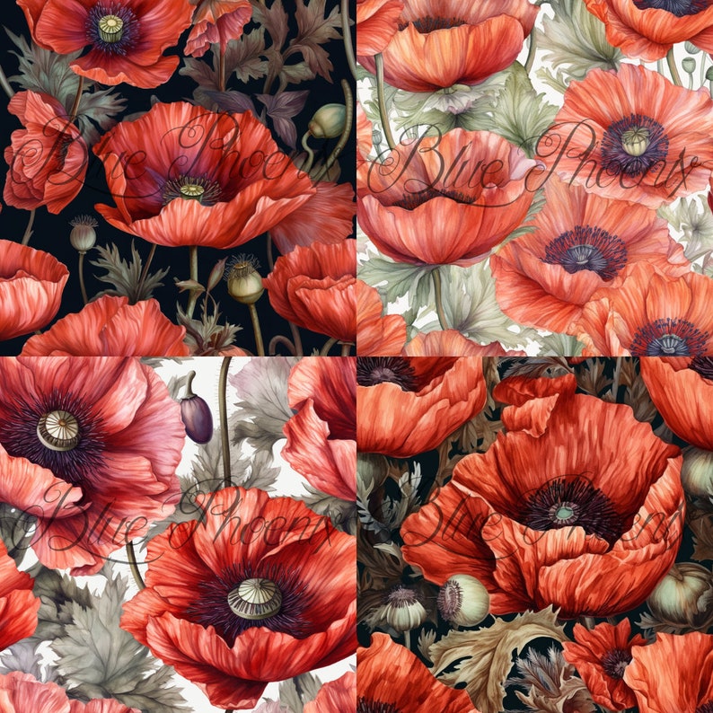 Red Poppy Scrapbook Digital Printable Pages Digital Floral Paper Card ...