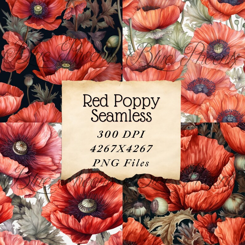 Red Poppy Scrapbook Digital Printable Pages Digital Floral Paper Card ...