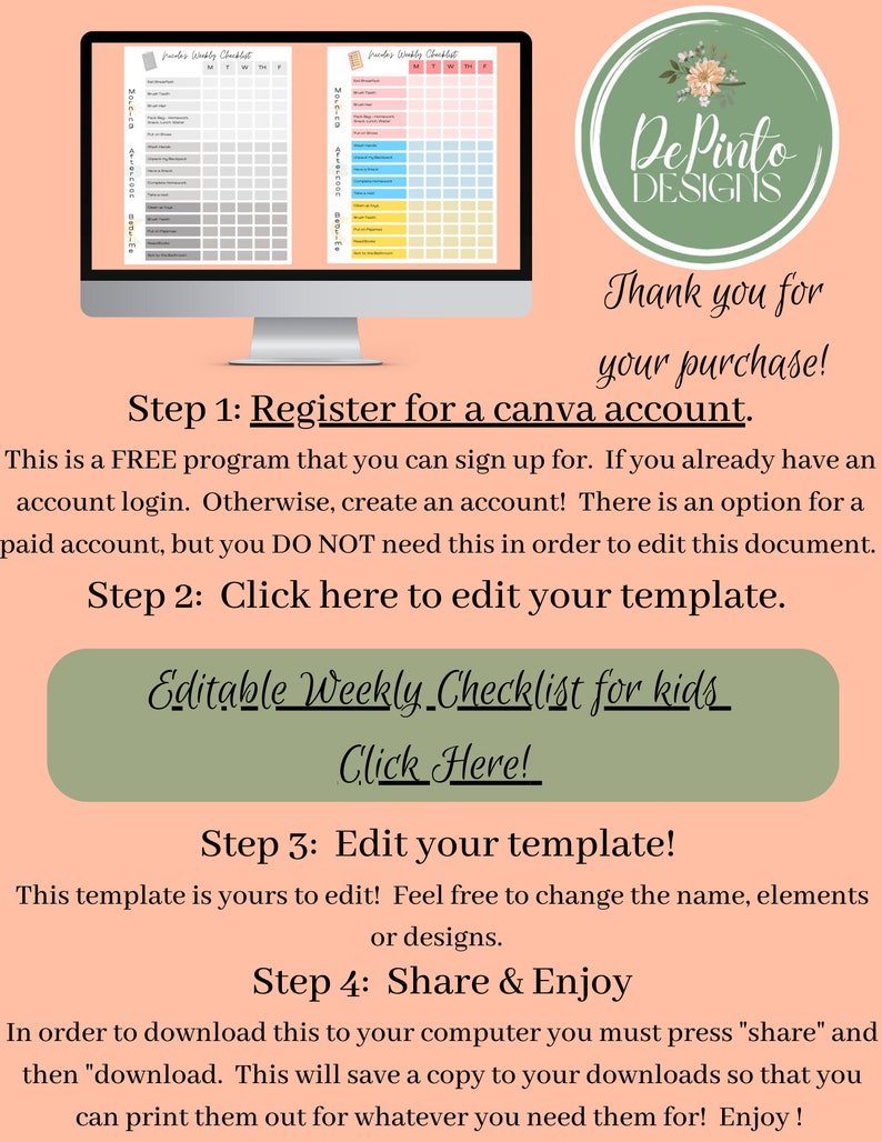EDITABLE Printable Weekly Checklist for Kids Children_5 Day Checklist_7 Day Checklist_daily ...