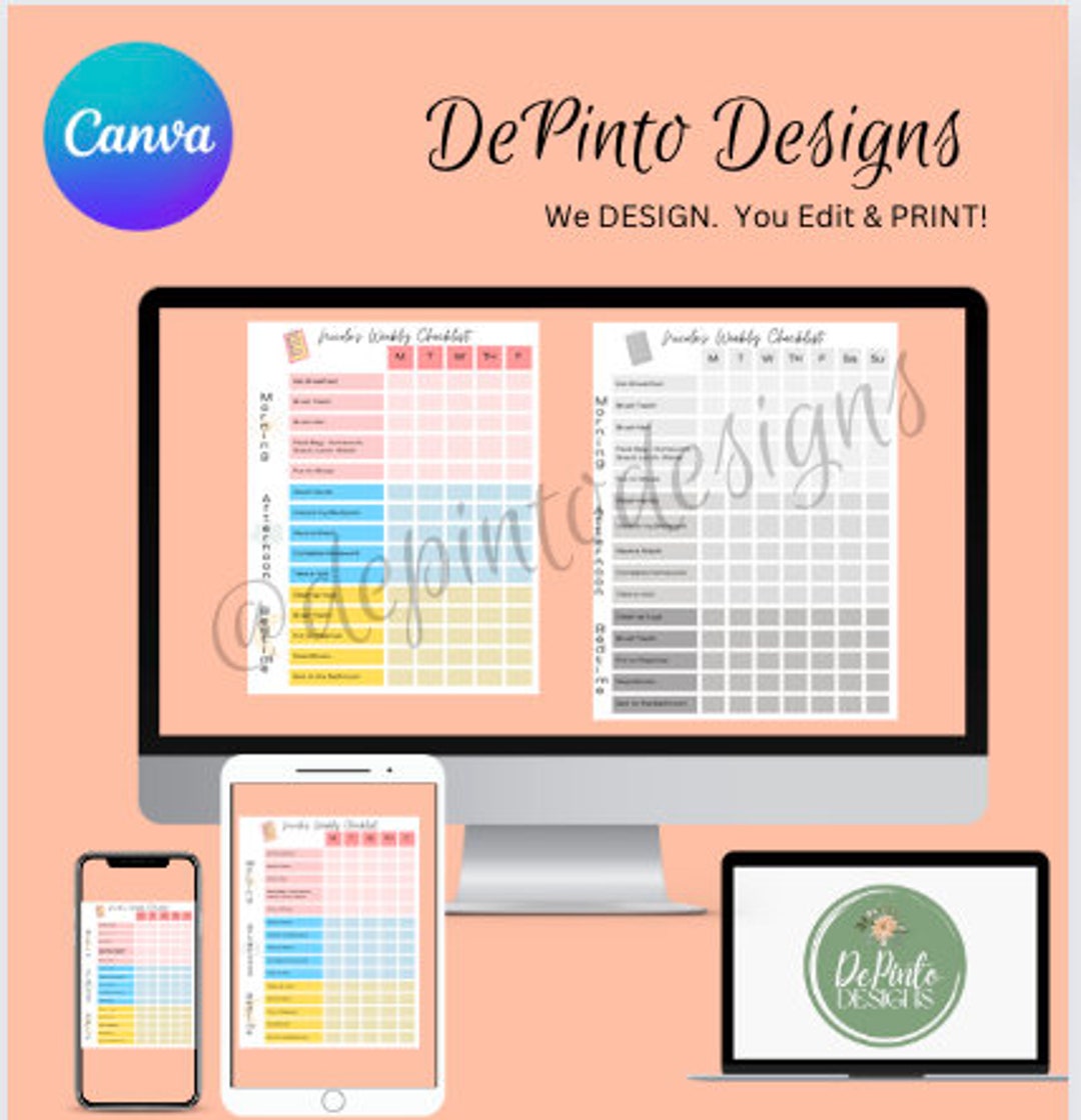 EDITABLE Printable Weekly Checklist for Kids Children_5 Day Checklist_7 ...