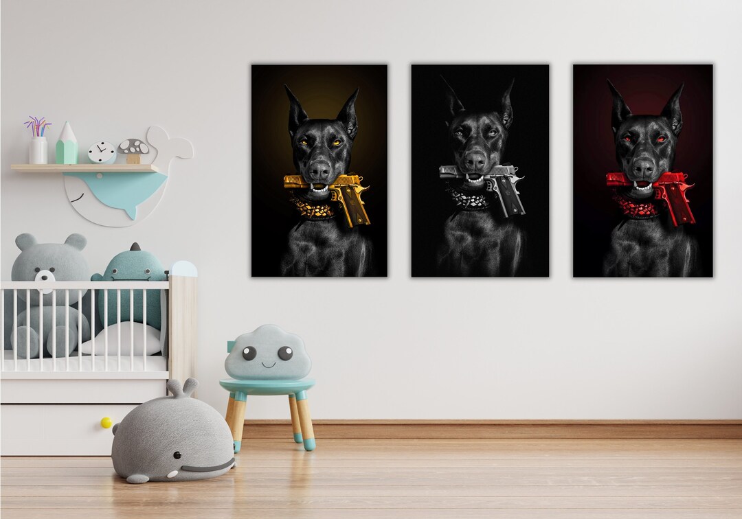 Set of 3 Doberman Gun Print Art Canvas,black White Art,luxury Fashion ...