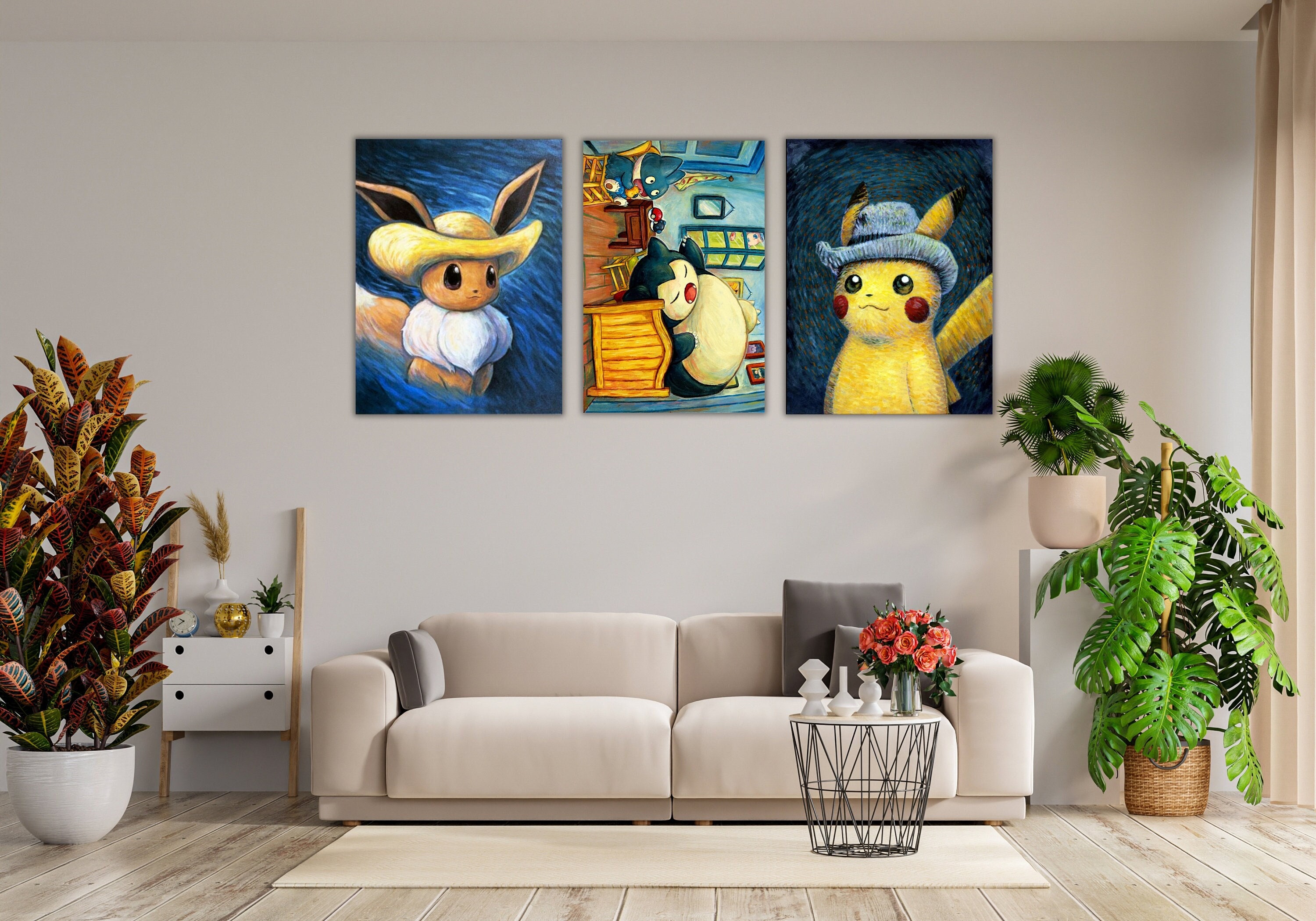 Set of 3 Van Gogh Pikachu Evee Snorlax Poster/canvas Wall Art,inspired ...