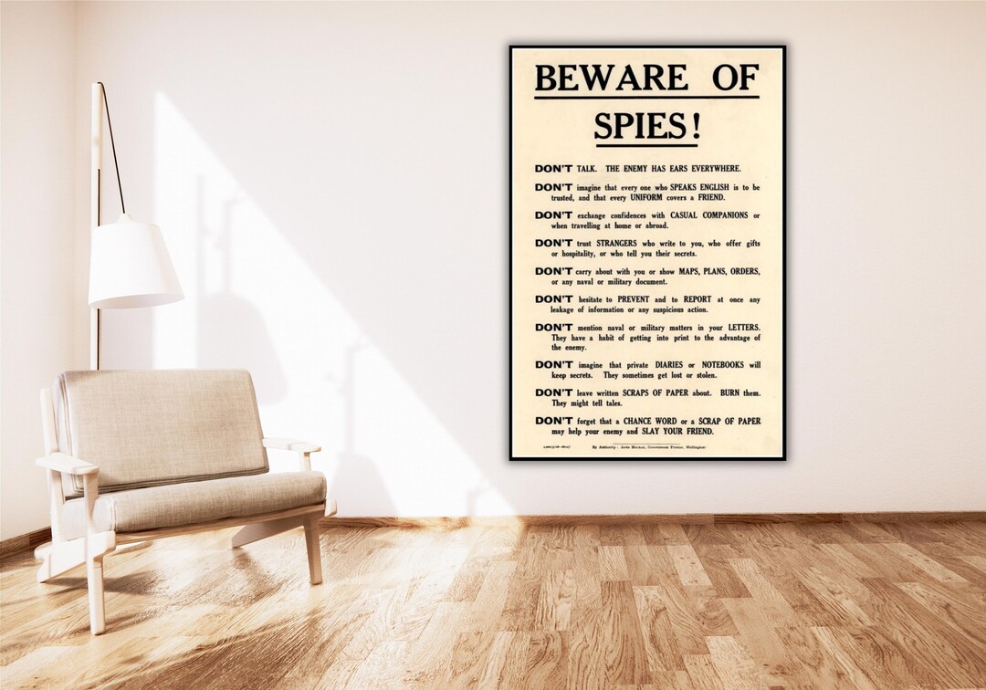 Beware of Spies Government Security Notice WWI Poster Print on Canvas ...