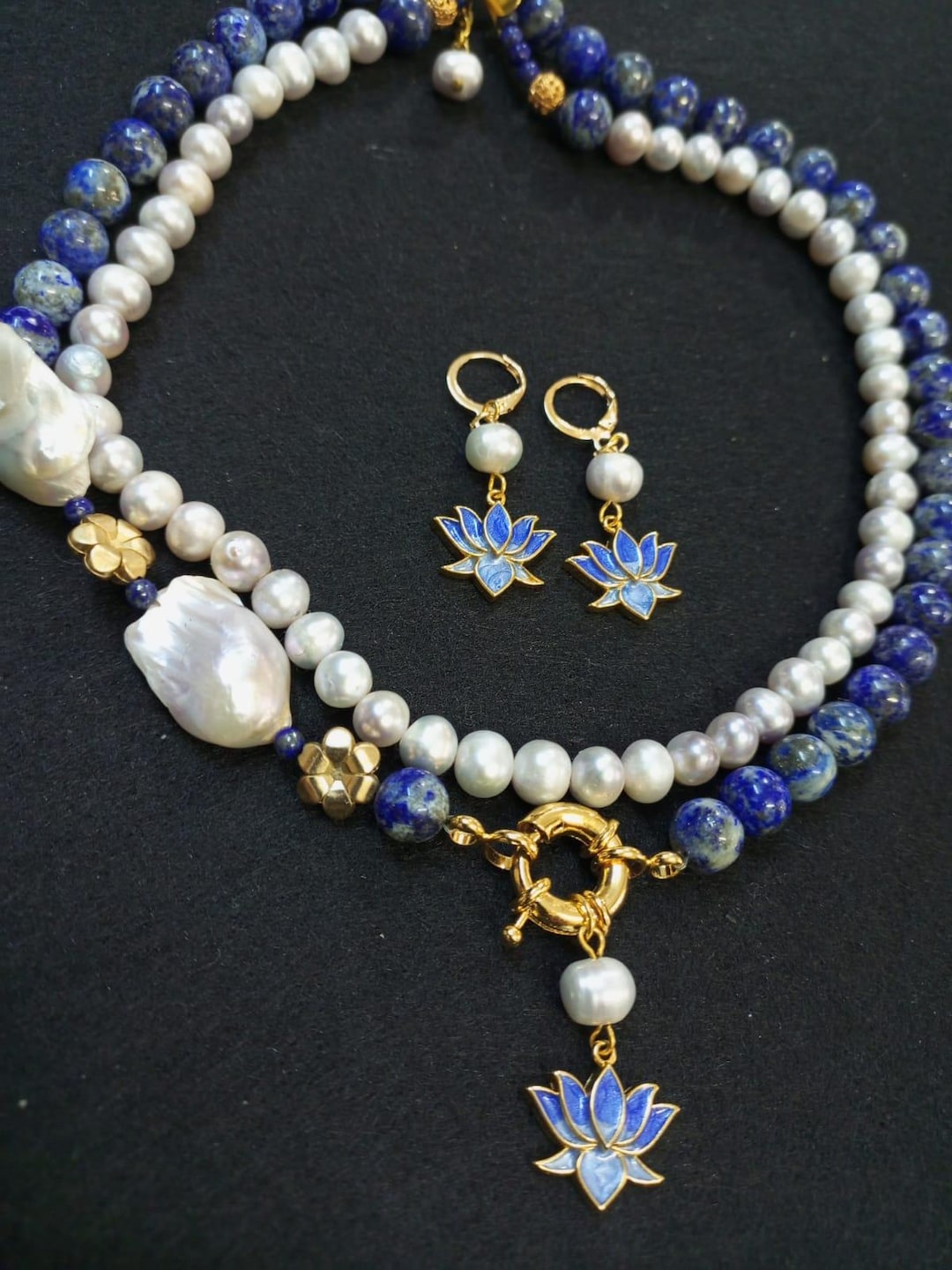 Ocean-inspired Sea Pearl and Lapis Necklace - Handmade Unique Gift for ...