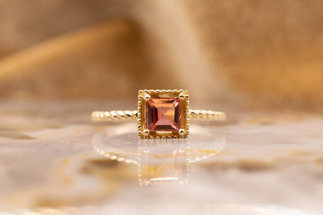 14 Karat Yellow Gold Asscher Cut Pink Tourmaline Rope Band Square Ring ...