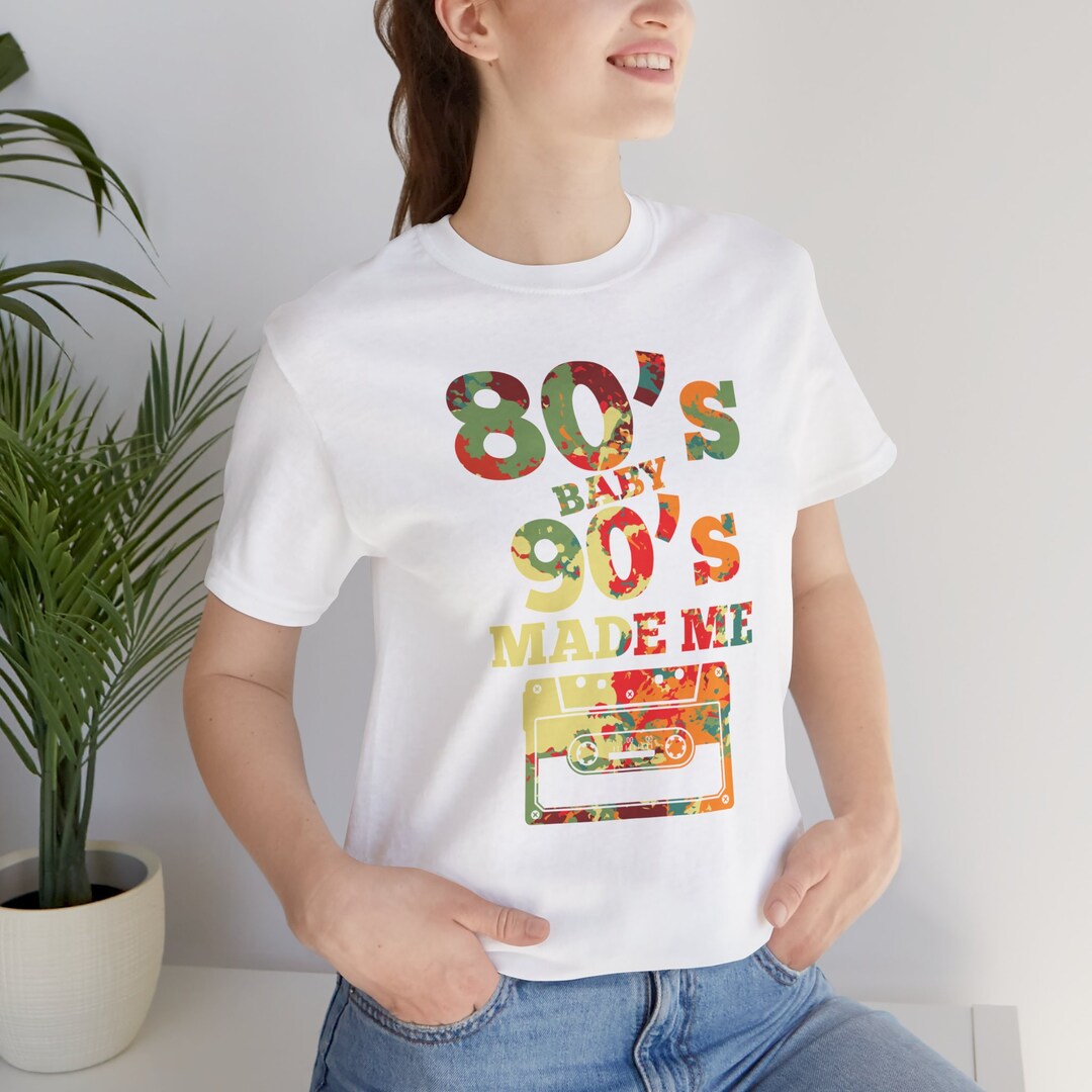Vintage-inspired 80's Baby 90's Made Me Retro T-shirt With Multicolour Design and Cassette Tape ...