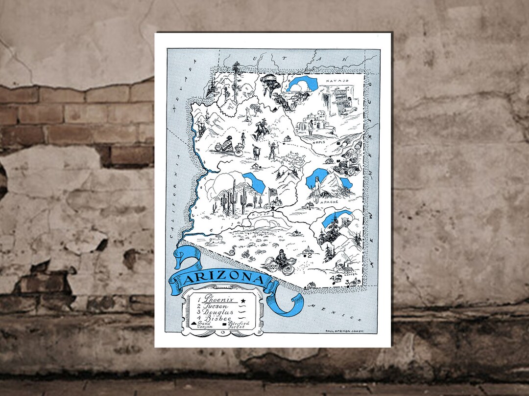 Arizona Map From 1931 Map Shows Crops Products Activities - Etsy