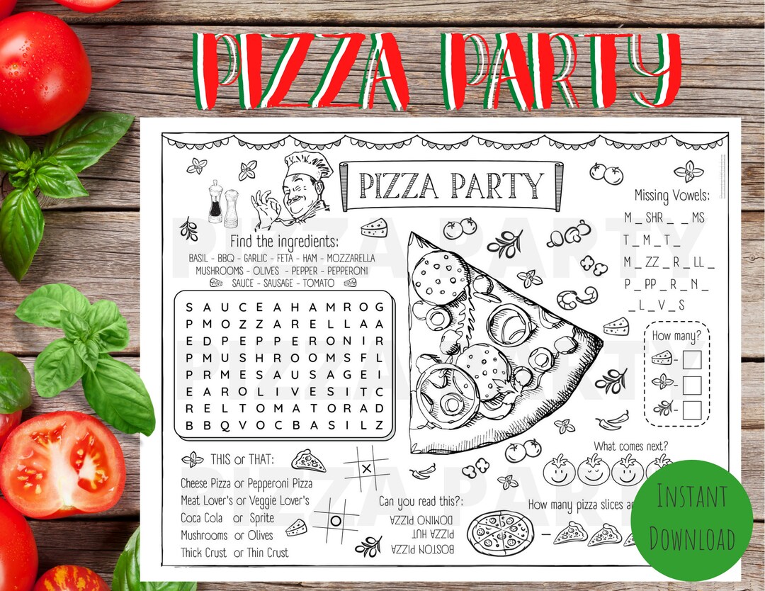 Pizza Party, Pizza Lover's, Placemat, Coloring and Activity Page, Party ...