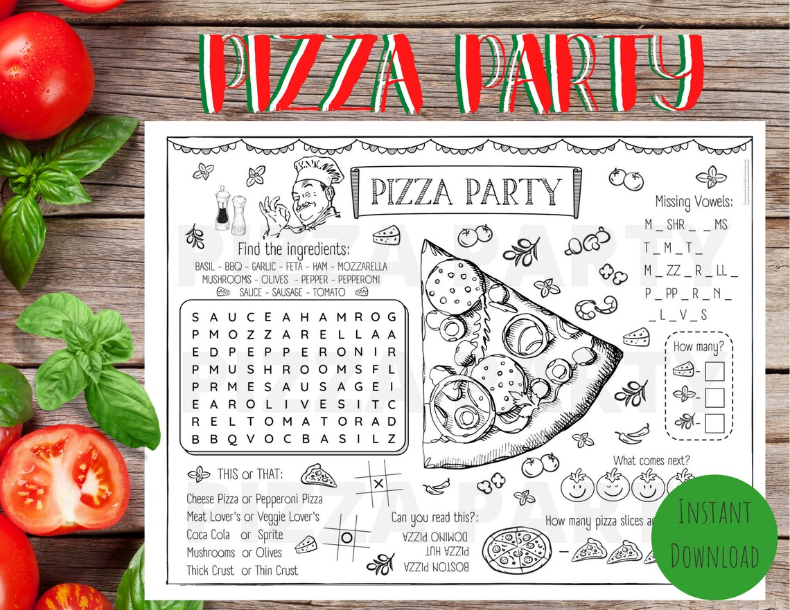 Pizza Party, Pizza Lover's, Placemat, Coloring and Activity Page, Party ...