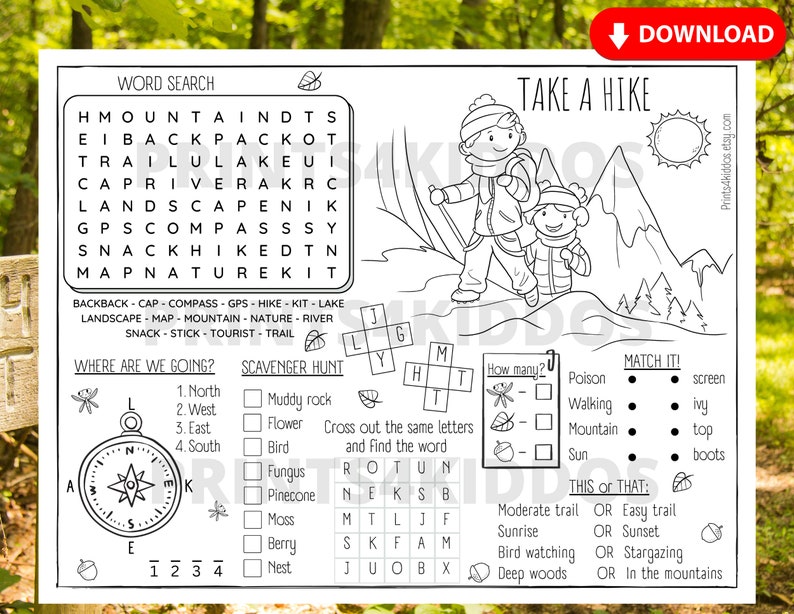 Hiking, Nature, Hiking Worksheet, Coloring and Activity Page, Coloring ...