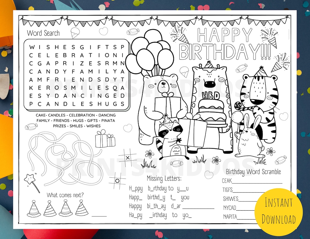 Birthday Coloring and Activity Page Coloring Placemat Party - Etsy