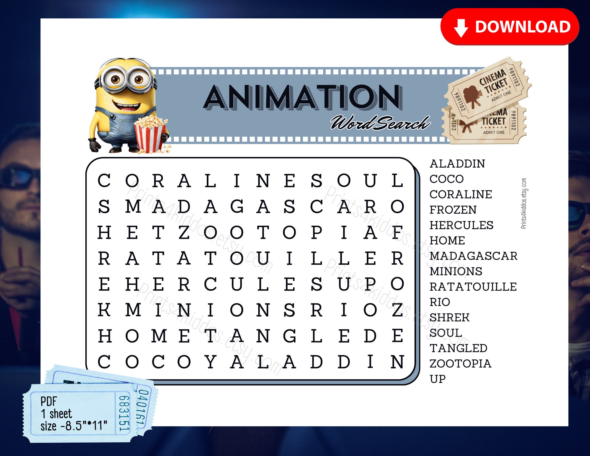 Animation Word Search Movie Cinema Day Birthday Party Road - Etsy