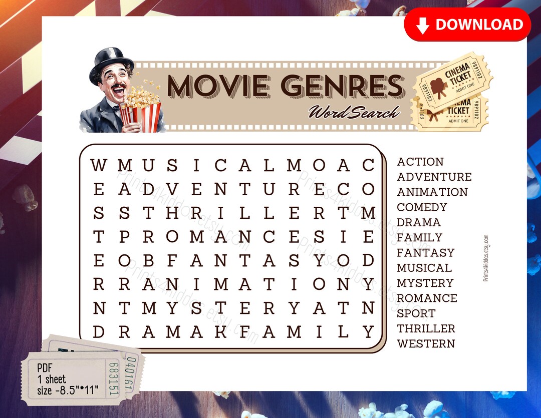 Movie Genres Word Search Cinema Day Road Trip Activities - Etsy