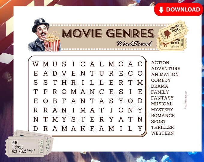 Movie Genres Word Search, Cinema Day, Road Trip Activities, Kids ...