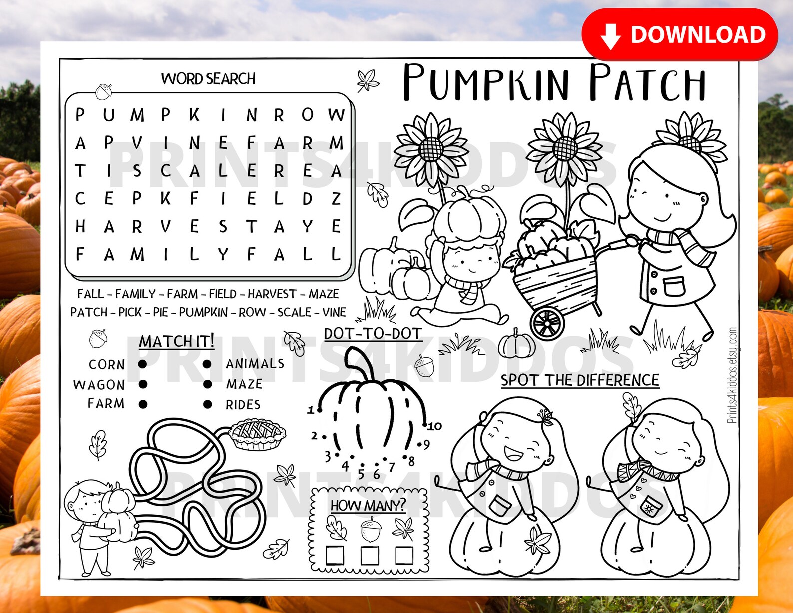 Pumpkin Patch, Harvest, Fall, Coloring Placemat, Activity & Coloring ...