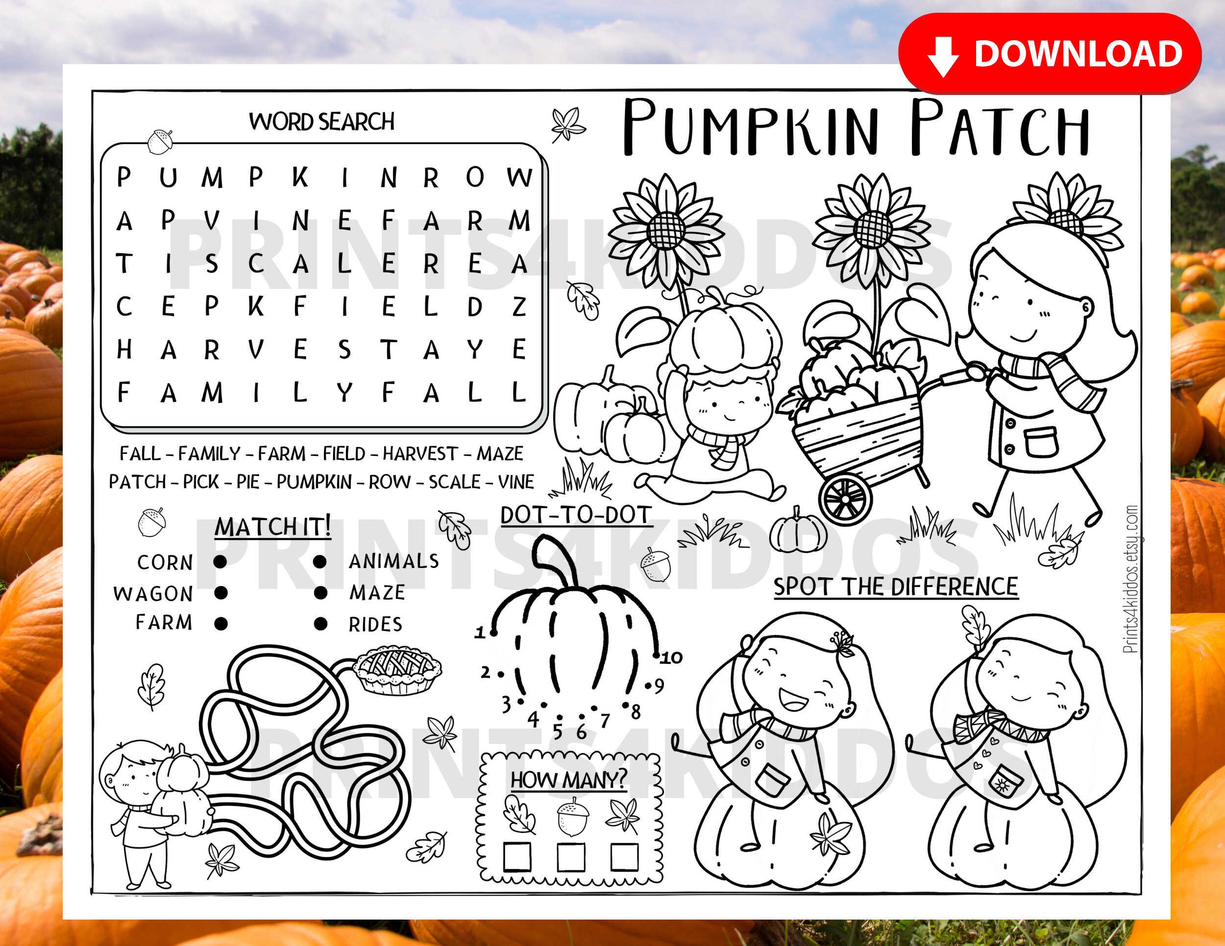 Pumpkin Patch, Harvest, Fall, Coloring Placemat, Activity & Coloring ...