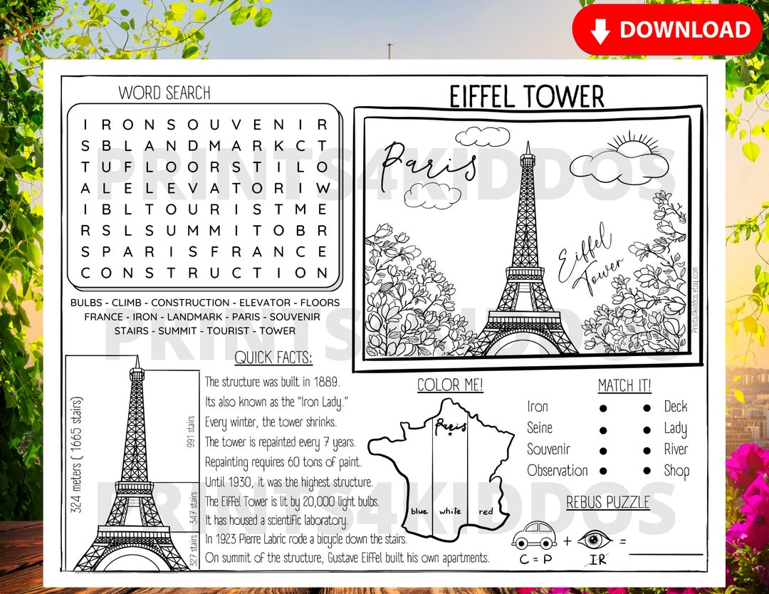 Eiffel Tower Coloring and Activity Mat, Eiffel Tower Worksheet ...