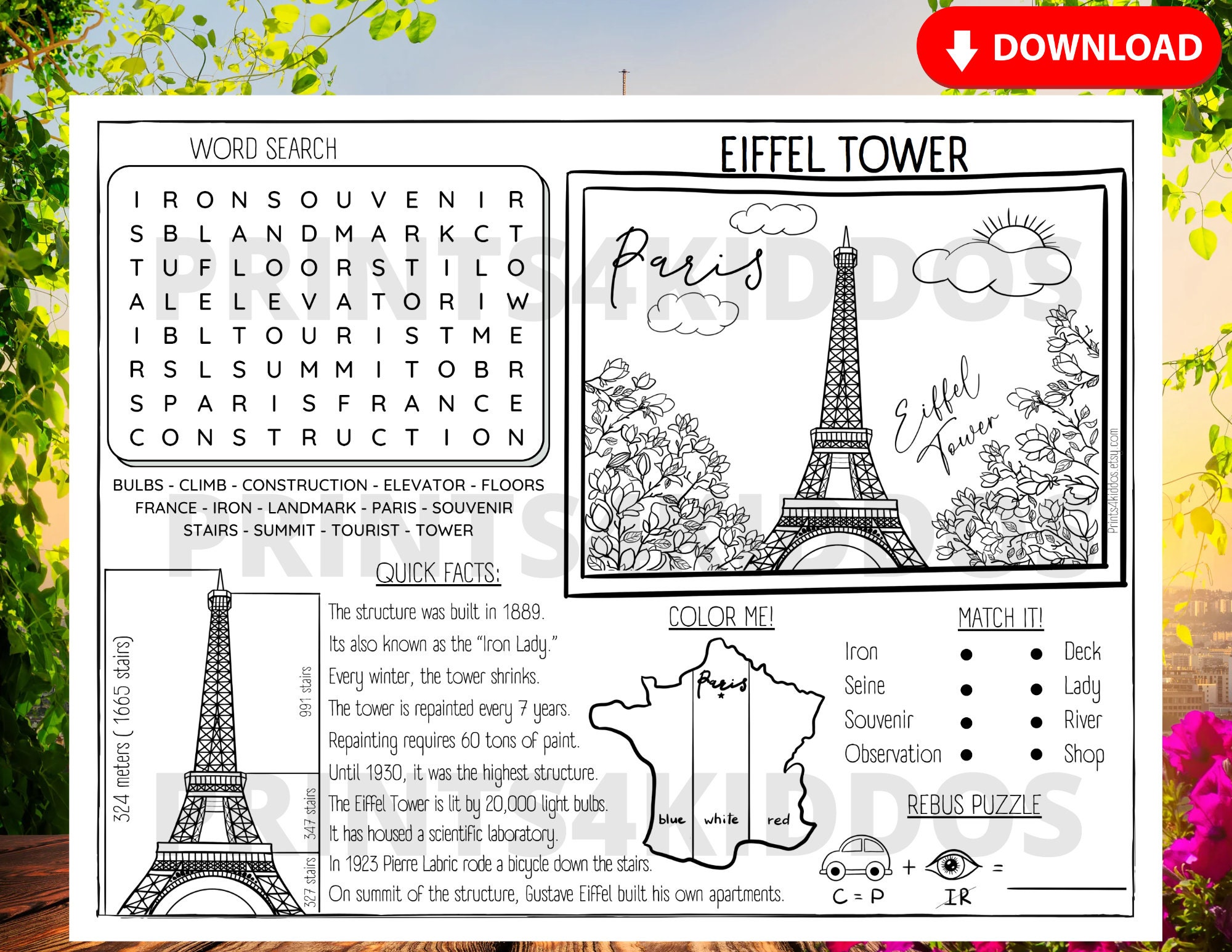 Eiffel Tower Coloring and Activity Mat, Eiffel Tower Worksheet ...