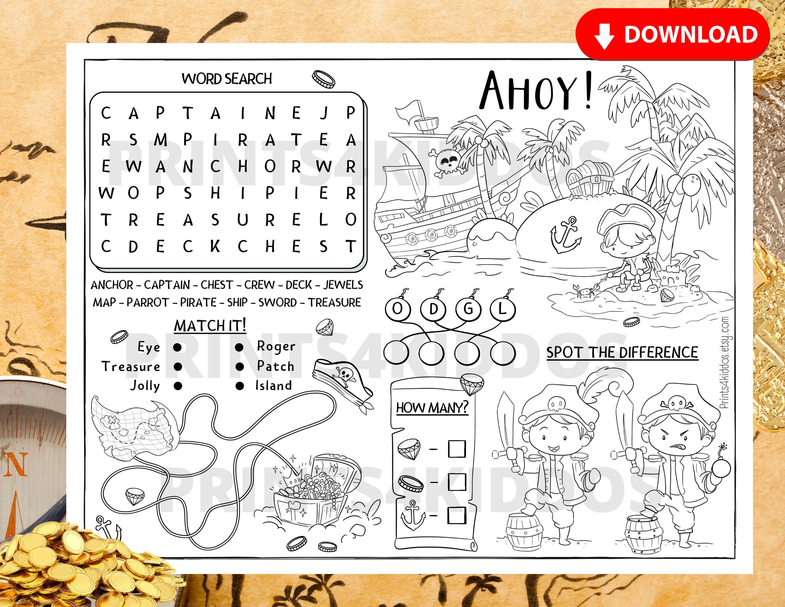Pirate, Birthday Party, Coloring Placemat, Activity & Coloring ...
