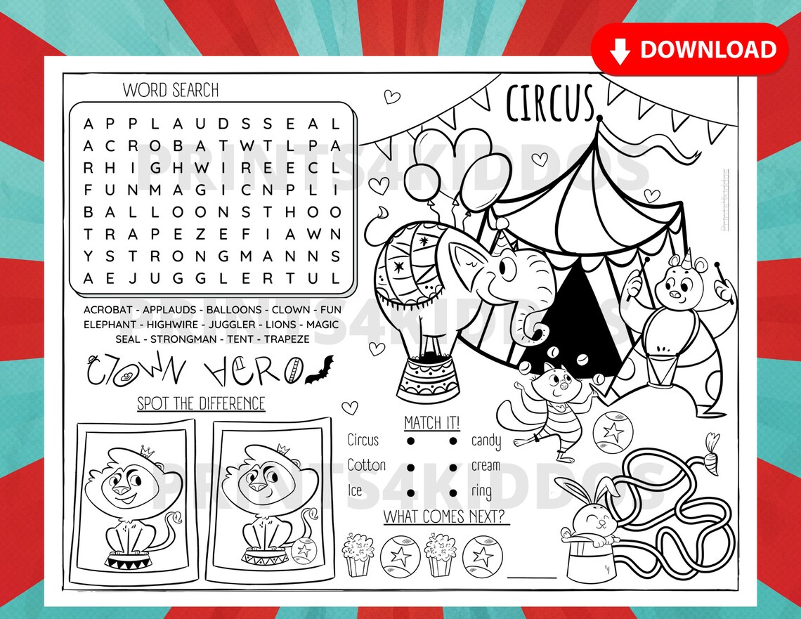 Circus, Birthday Party, Coloring Placemat, Activity & Coloring ...