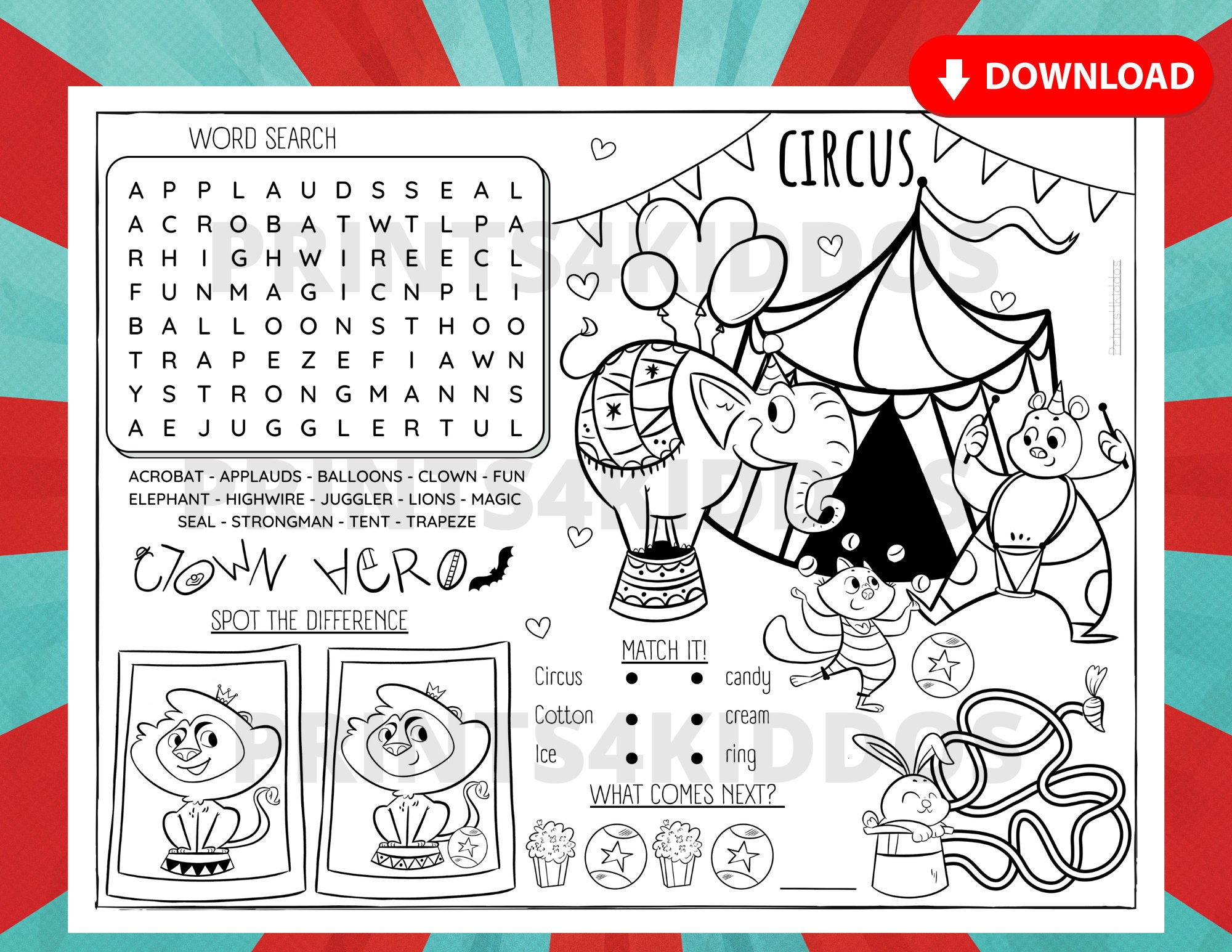 Circus, Birthday Party, Coloring Placemat, Activity & Coloring ...