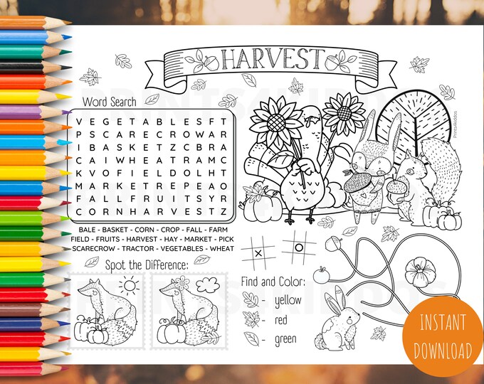 Harvest, Fall, Coloring Placemat, Activity & Coloring Worksheet for ...