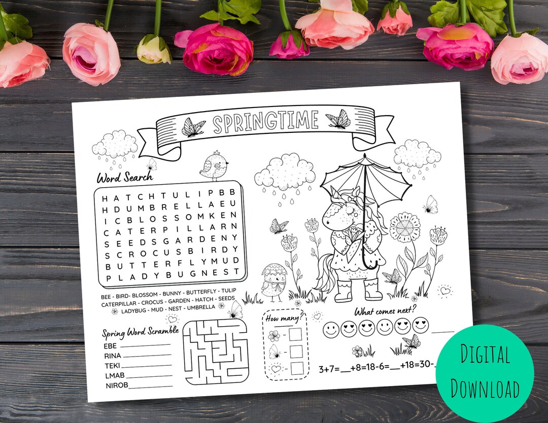 Spring, Springtime Activity Mat, Spring Coloring, Spring Placemat ...