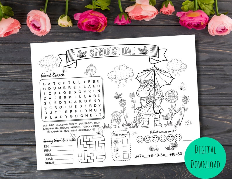 Spring, Springtime Activity Mat, Spring Coloring, Spring Placemat ...