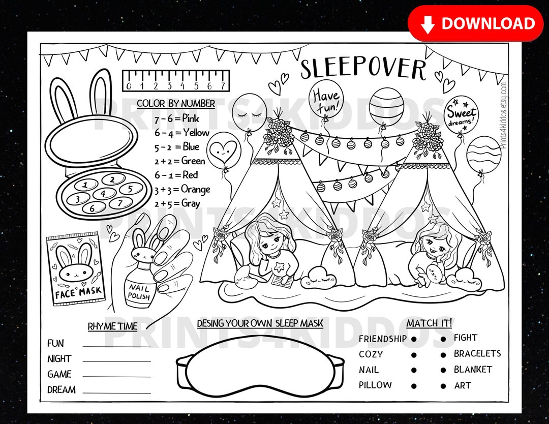 Sleepover, Sleepover Coloring, Sleepover Placemat, Sleepover Activity ...