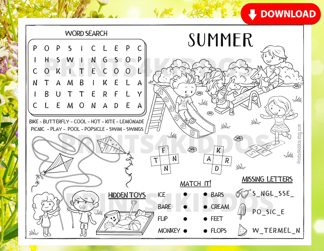 Summer, Summertime Activity Mat, Summer Coloring, Summer Placemat ...