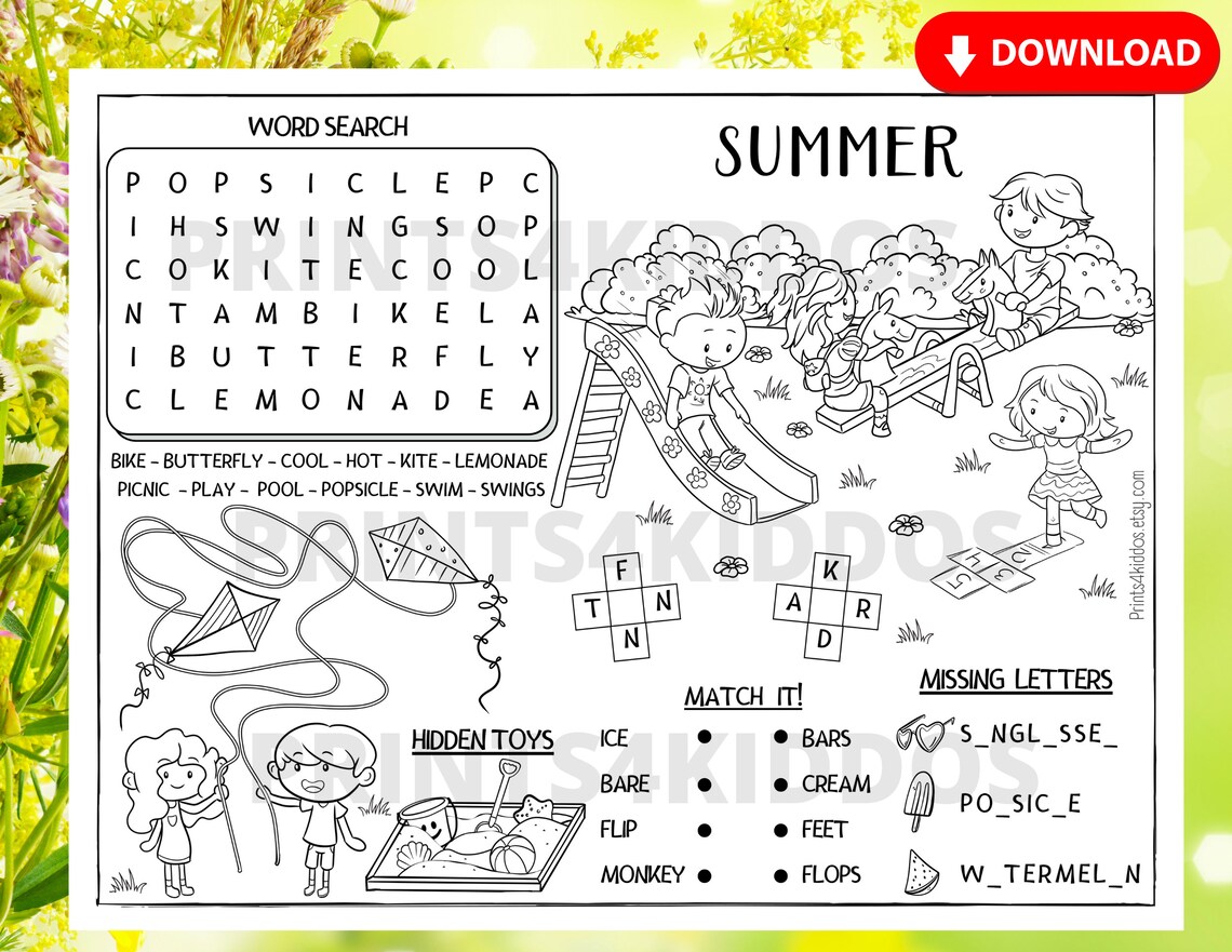 Summer, Summertime Activity Mat, Summer Coloring, Summer Placemat ...