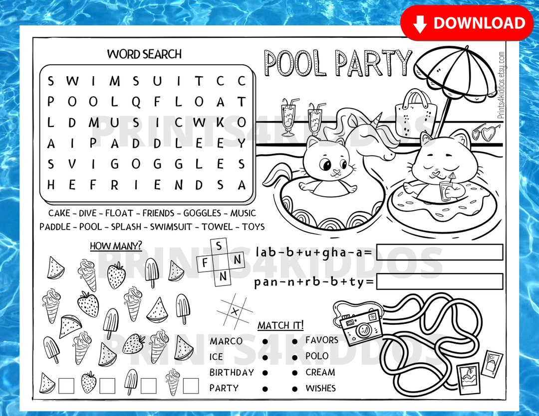 Pool Party, Swimming Pool Birthday, Pool Placemat, Birthday Coloring ...