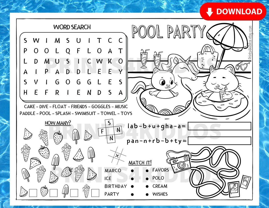 Pool Party, Swimming Pool Birthday, Pool Placemat, Birthday Coloring ...
