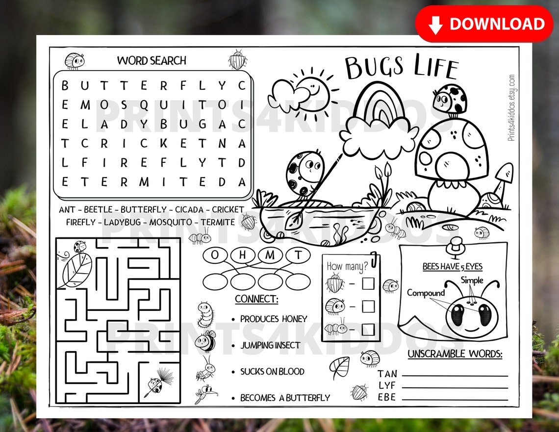 Bugs Life, Insects, Coloring Placemat, Activity & Coloring Worksheet ...