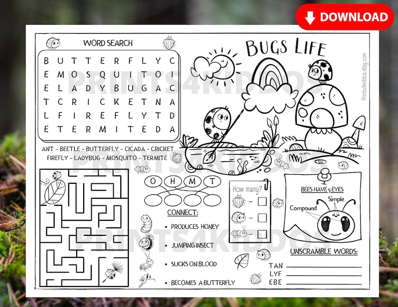 Bugs Life, Insects, Coloring Placemat, Activity & Coloring Worksheet ...