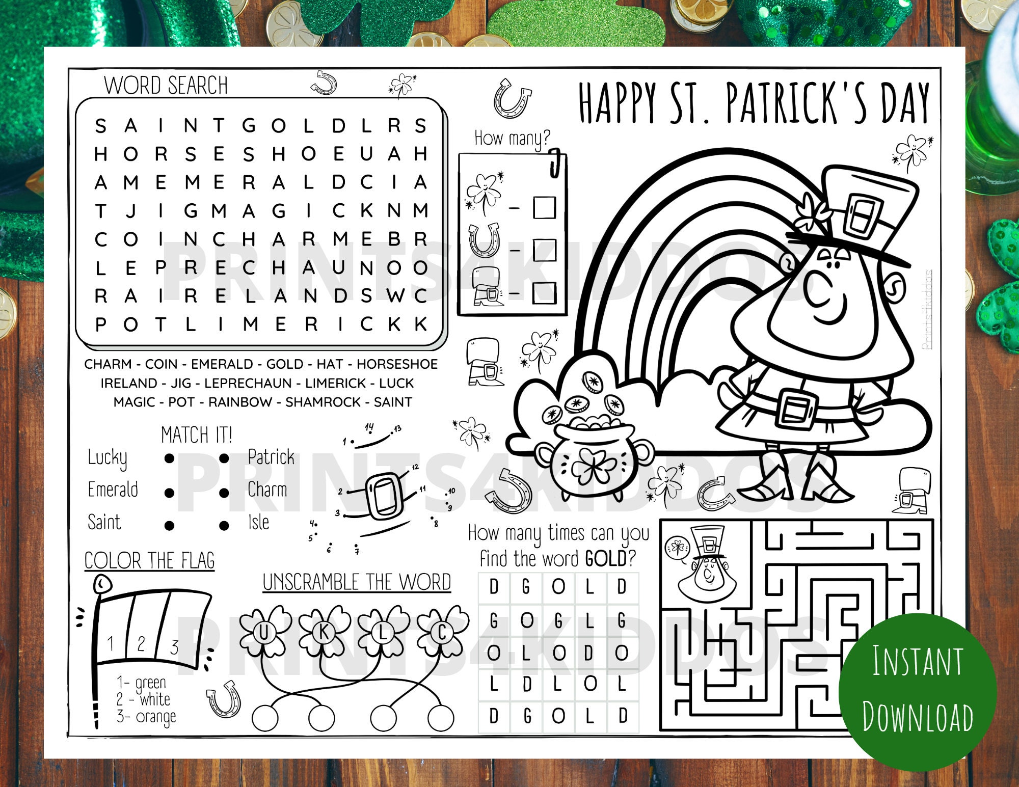 St. Patrick's Day, Coloring Placemat, St. Patrick's Day Activity ...