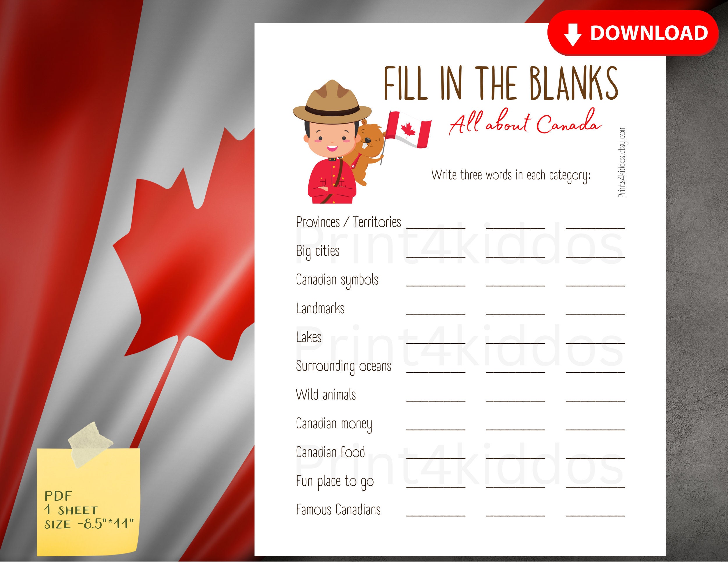 Canada, Canada Day, Fill in the Blanks, Worksheet, Printable, Digital ...