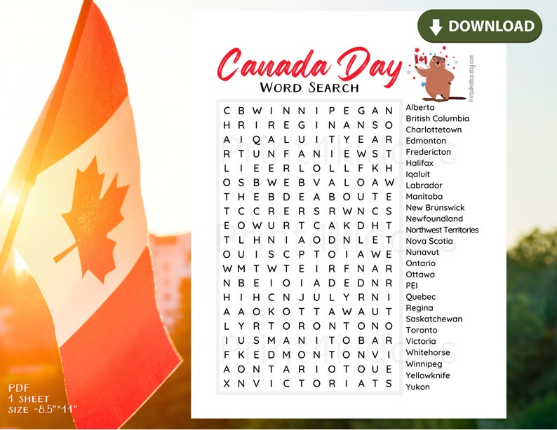 Canada Day Word Search, Canadian Provinces and Territories, Worksheet ...