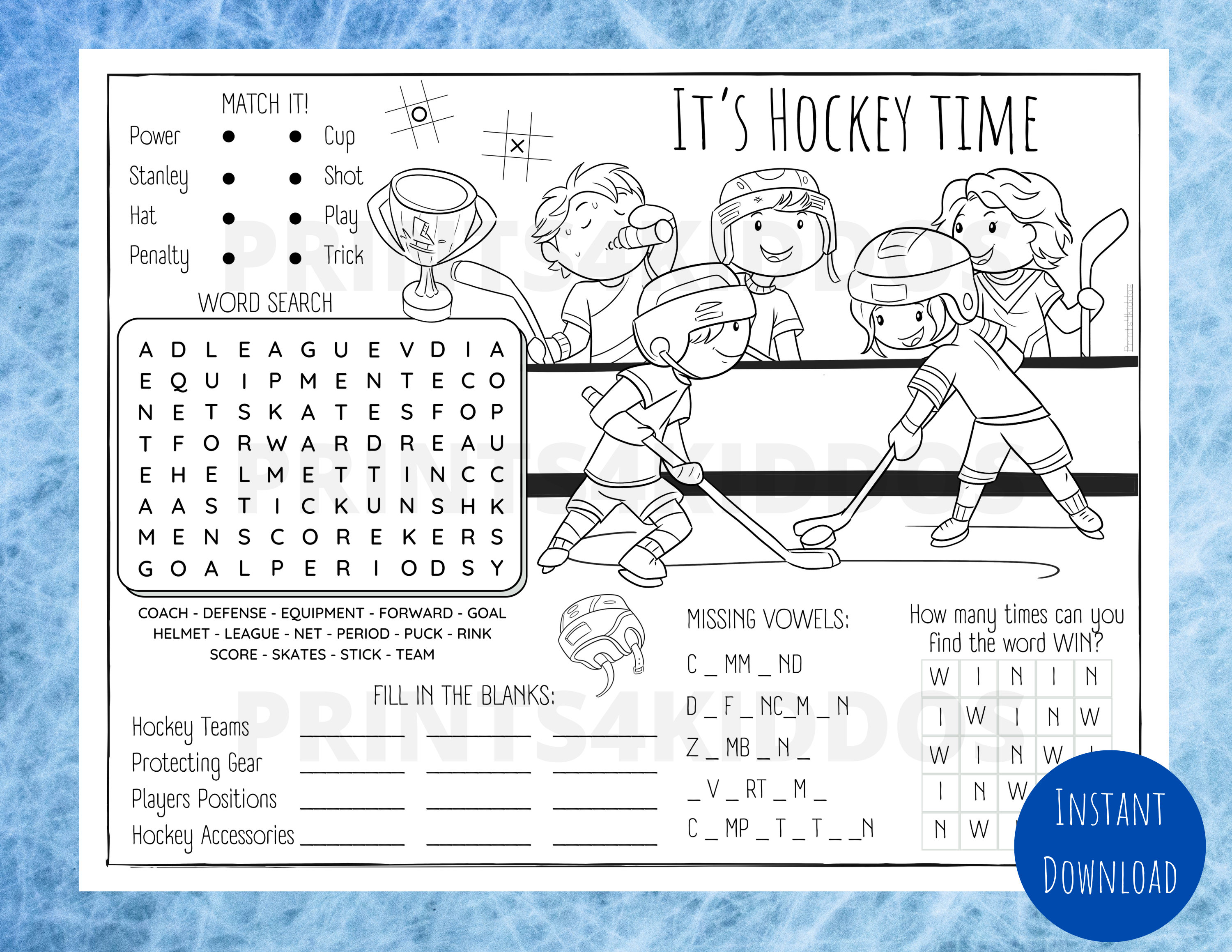 Hockey, Coloring Placemat, Activity & Coloring Worksheet for Kids ...
