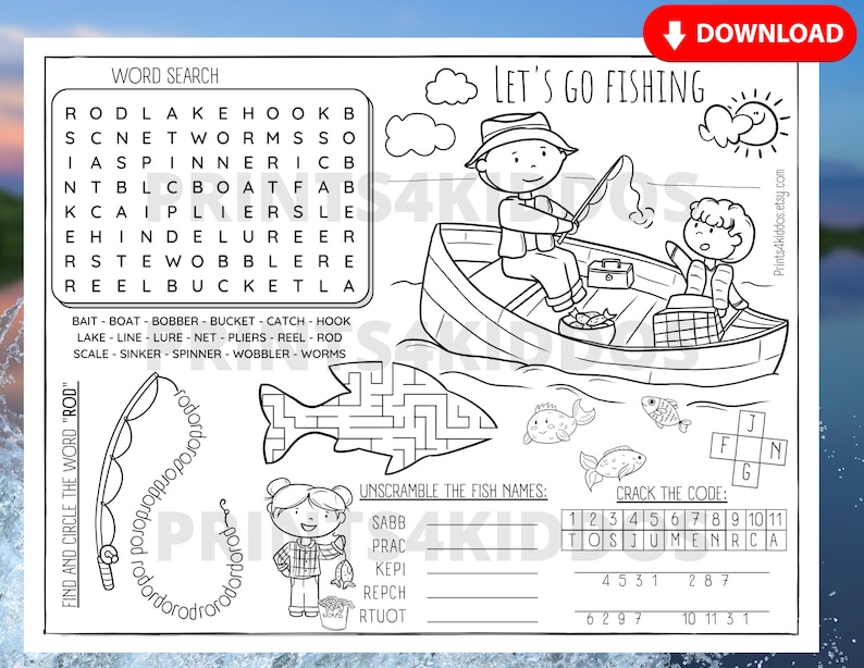 Fishing Worksheet, Fishing Placemat, Coloring and Activity Page ...