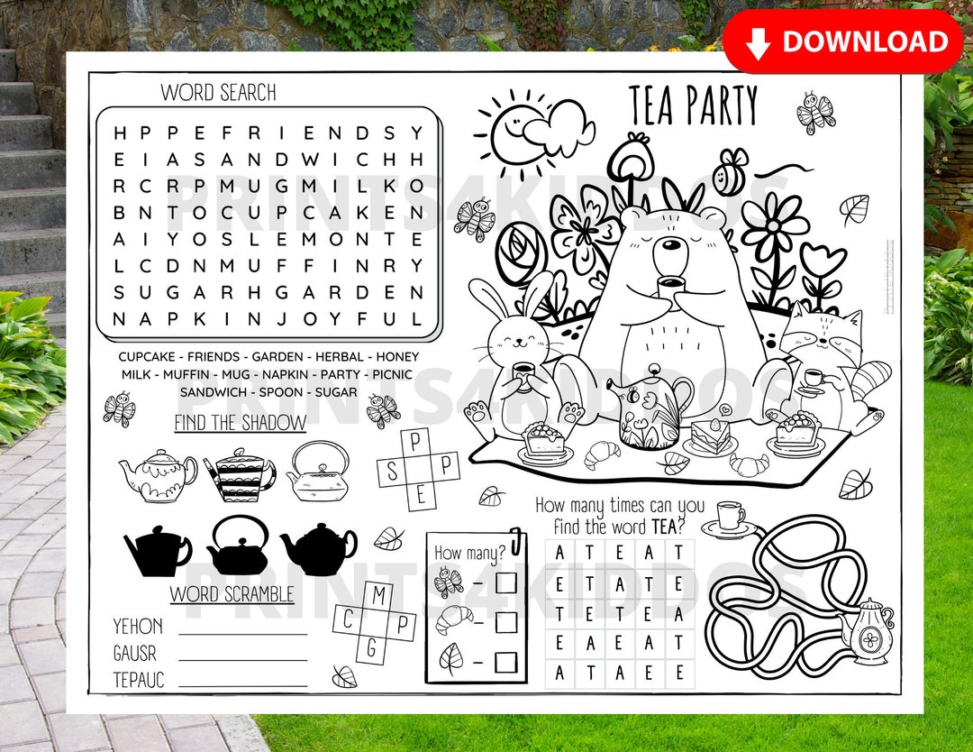 Tea Party Birthday Party Coloring Placemat Activity & - Etsy