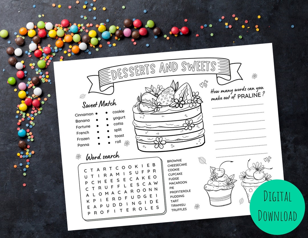 Desserts and Sweets Activity & Coloring Worksheet for Kids, Printable ...