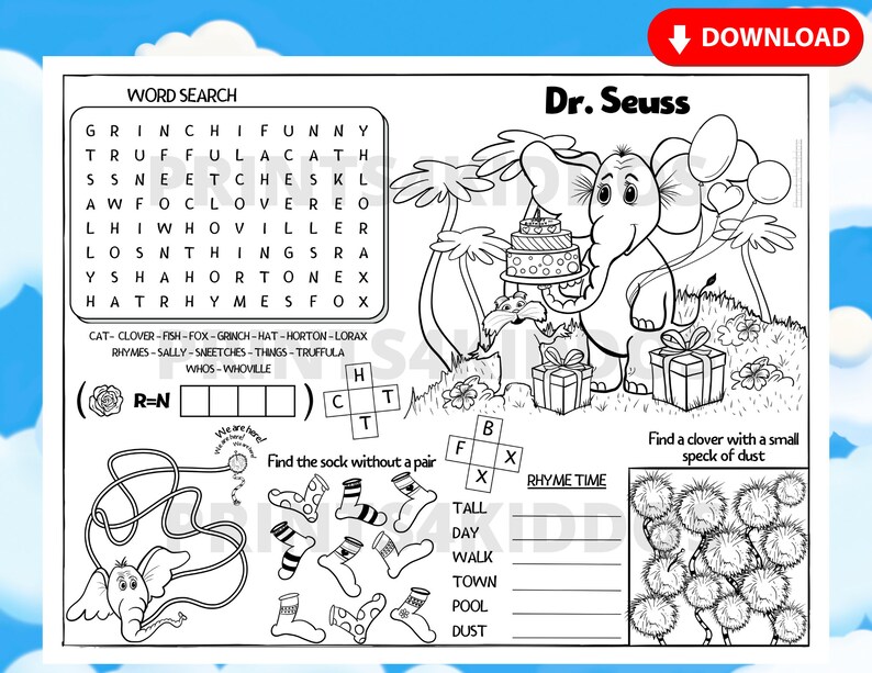 Dr. Seuss, Dr. Seuss Worksheet, Seuss Activity Mat, Coloring and ...