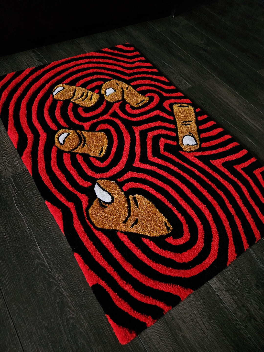 Handmade Trippy Hand Illusion Tufted Rug Unique 3D Red and Black Art ...