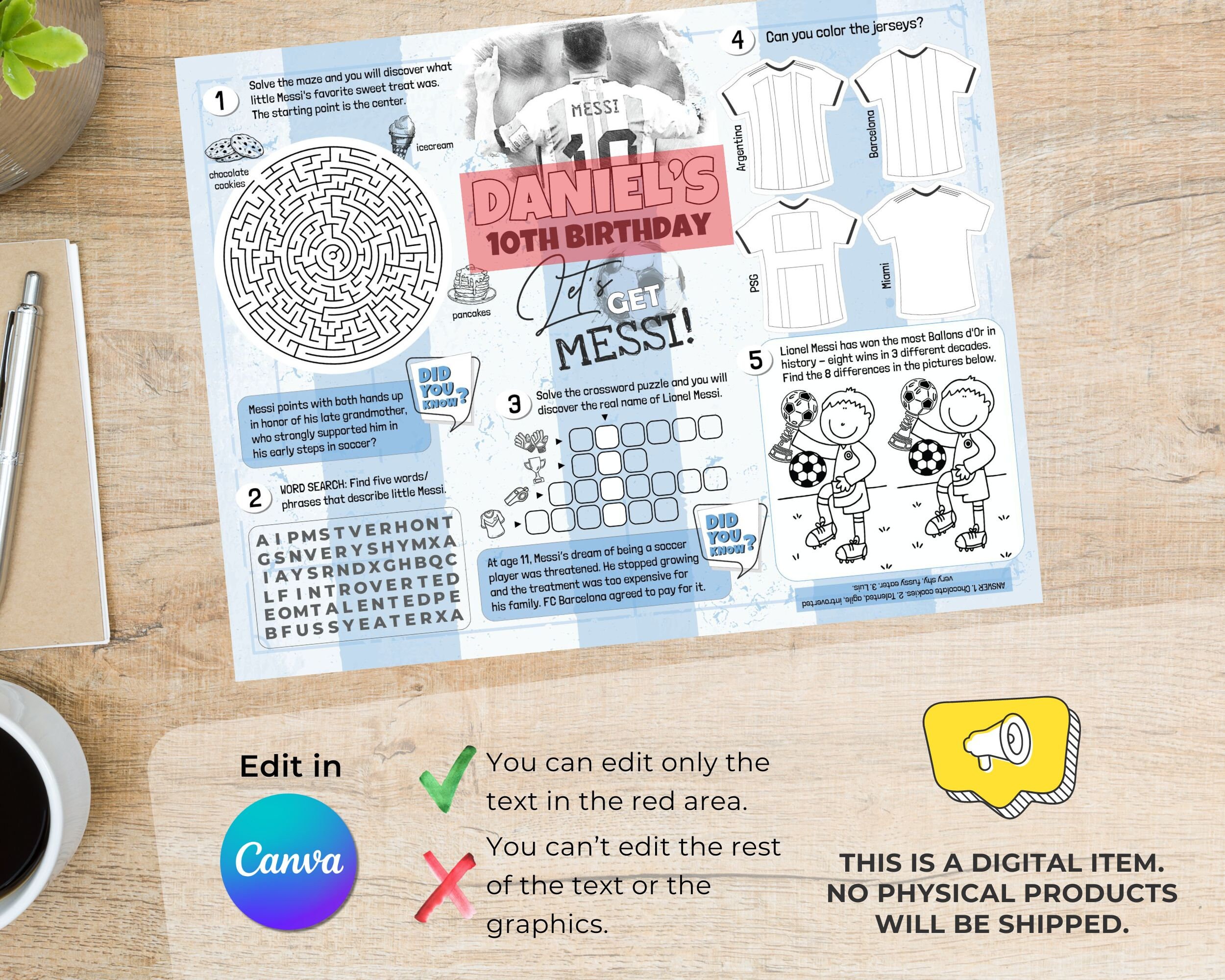 Messi Themed Birthday Activity Page Editable Template, Soccer Activity ...