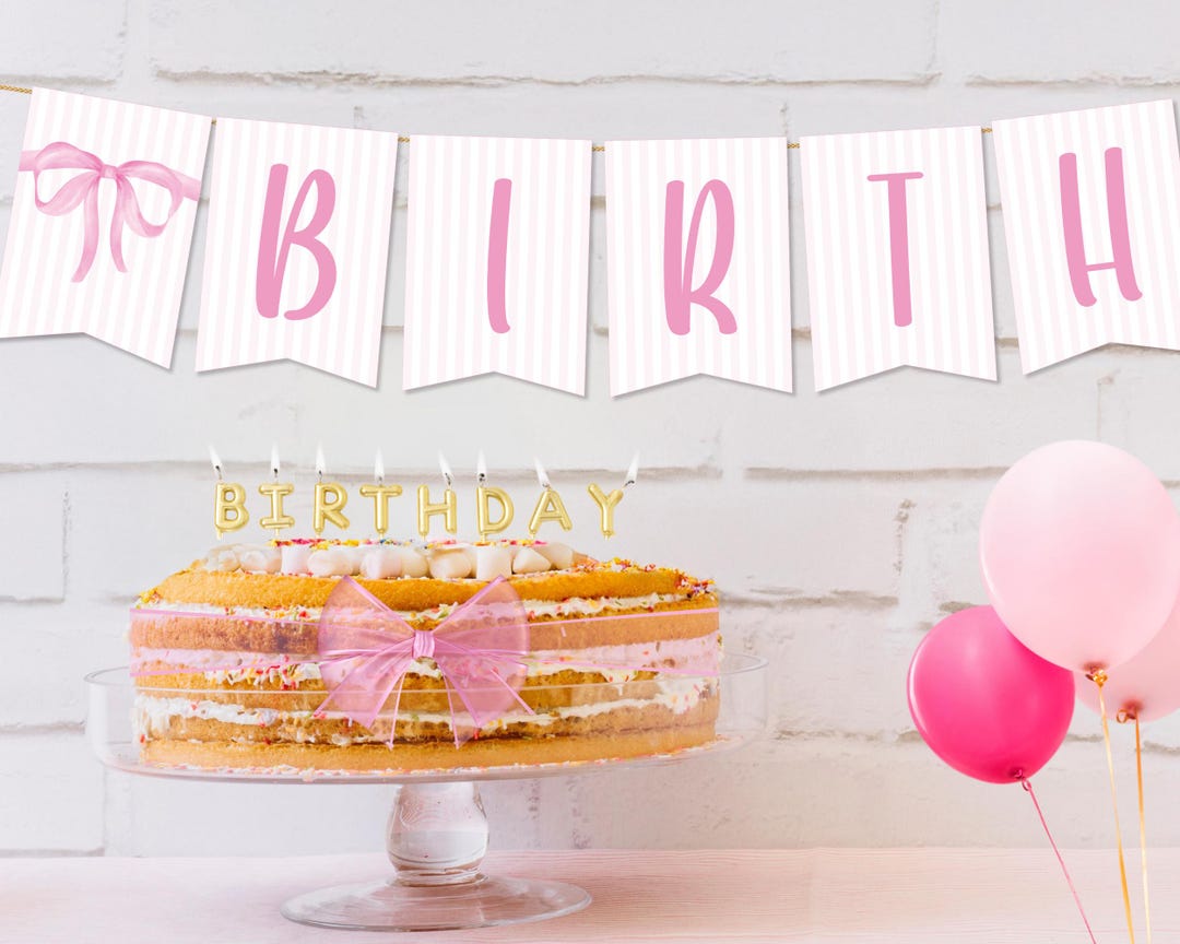 Pink Bow Happy Birthday Banner Editable Template, First Birthday ...