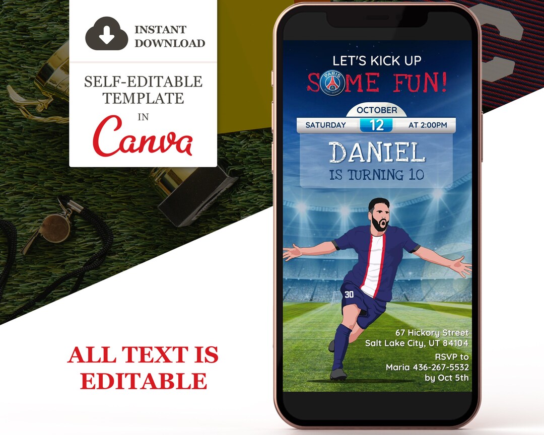 Leo Messi Birthday Invitation, PSG Fan Soccer Digital Party Invite ...