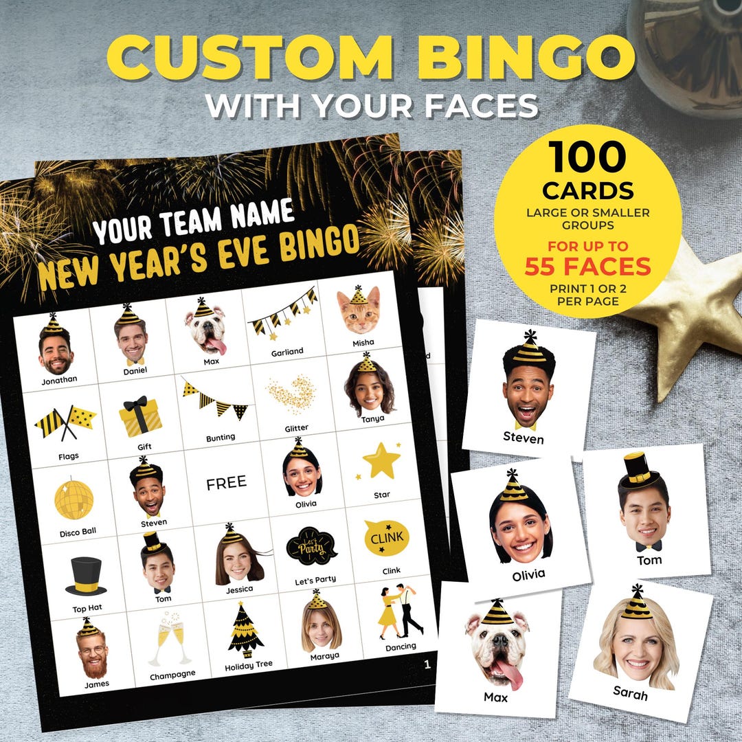 100 Cards Custom Photo New Year Bingo, Large or Small Group Faces ...