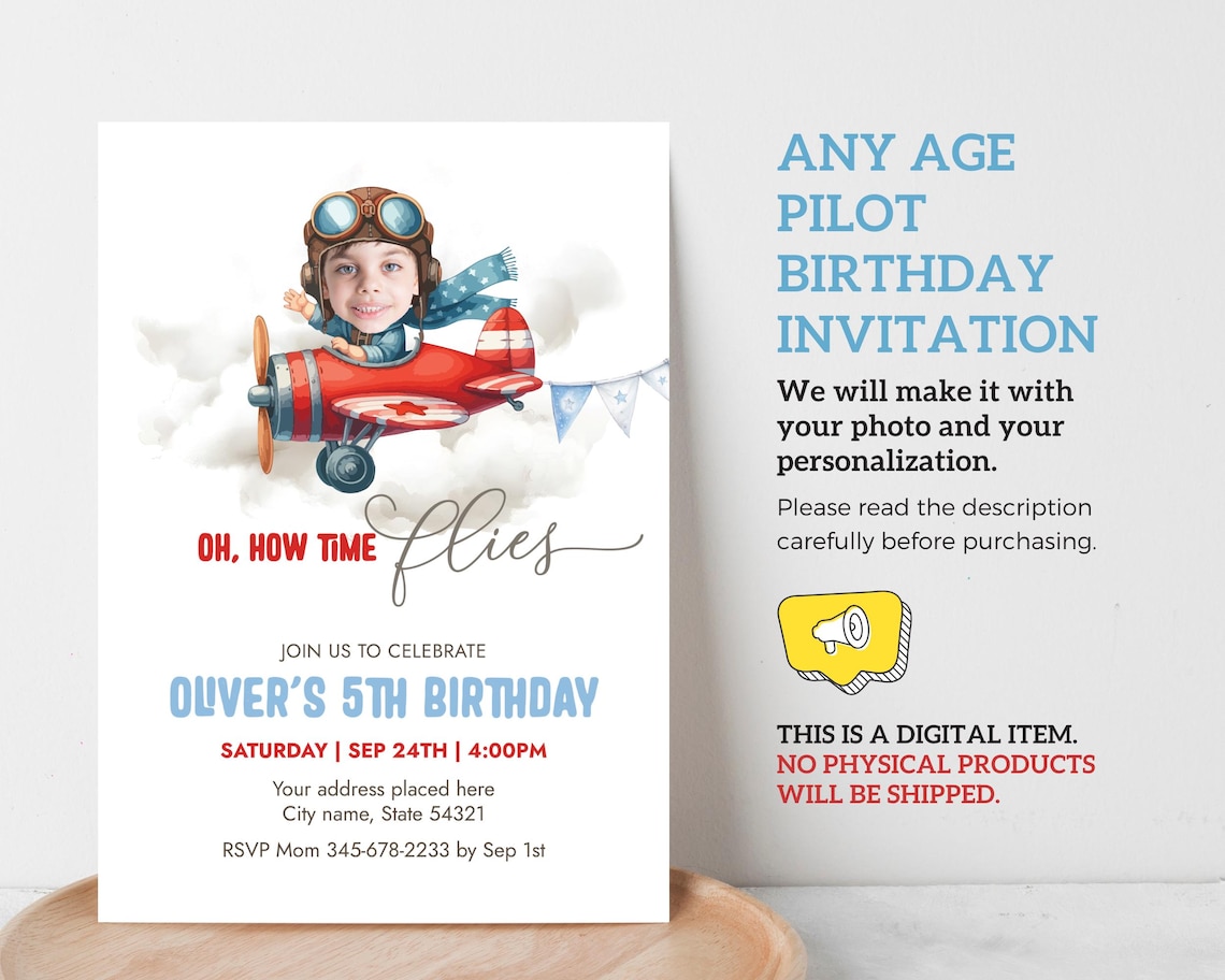Pilot Birthday Invitation With Photo, Airplane Party Invite With Your ...